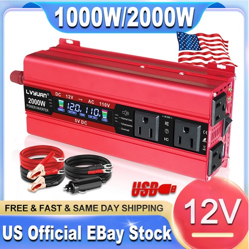 1000W/2000W DC 12V to AC 110V Power Inverter with 4 AC Outlets, 2USB ...