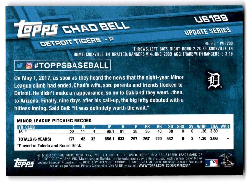 2017 Topps Update Chad Bell Rookie Detroit Tigers #US189 | eBay