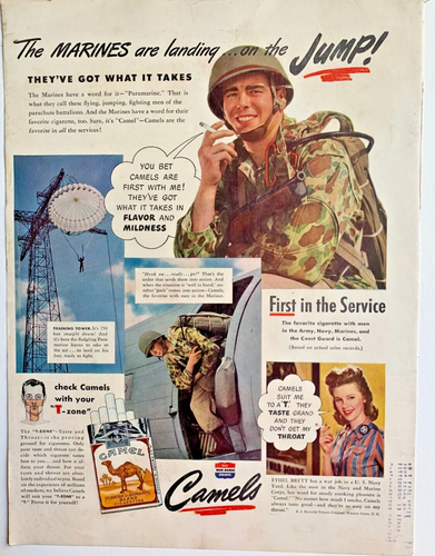 1944 Camel Cigarettes WWII Era Print Ad USMC Paramarine Parachute ...