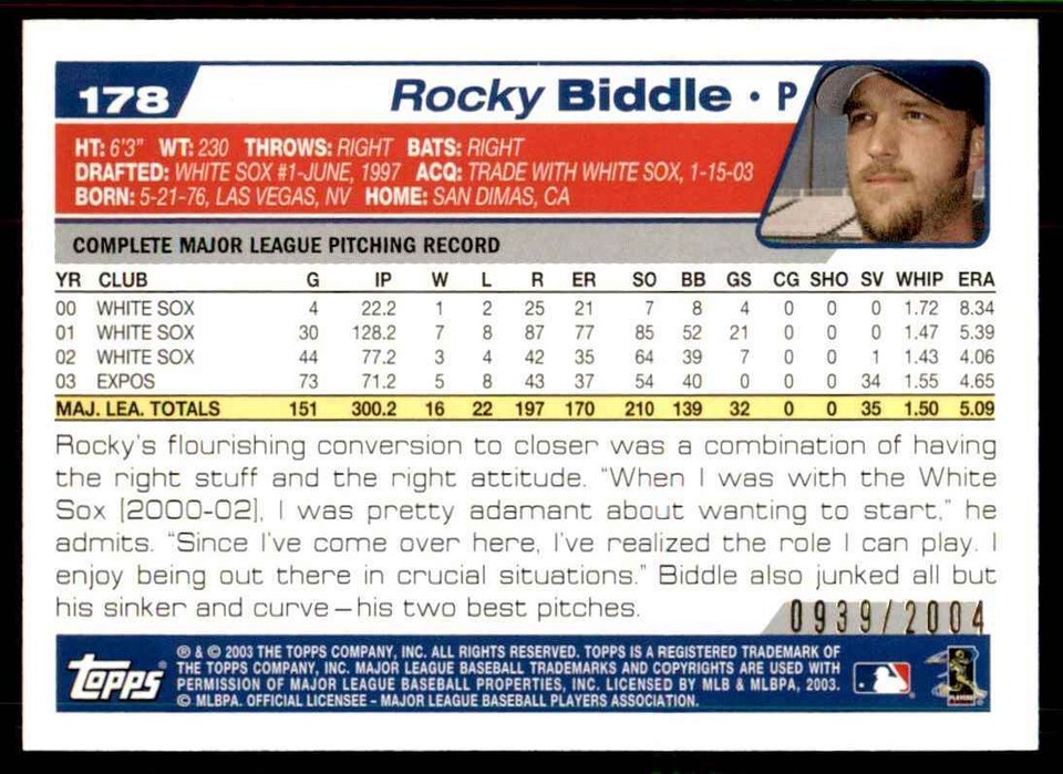2004 Topps Gold Rocky Biddle 0939/2004 Montreal Expos #178 | eBay