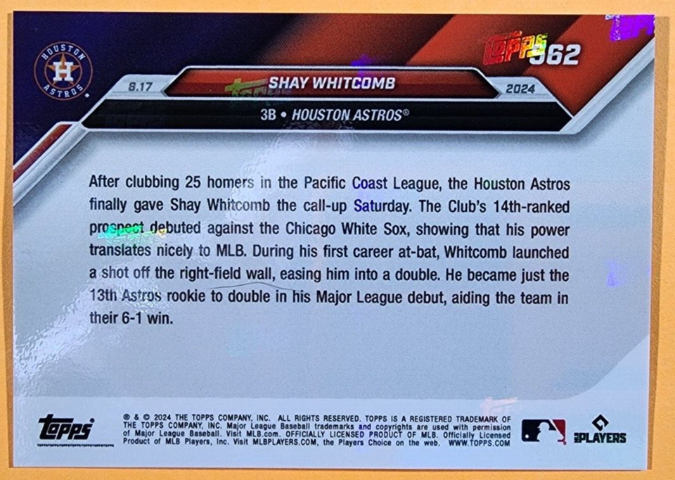 Shay Whitcomb 2024 Topps Now Blue #562 35/49 Houston Astros Rookie Card ...