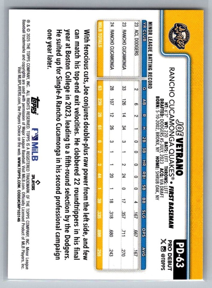 Joe Vetrano 2025 Topps Pro Debut #PD-63 | eBay