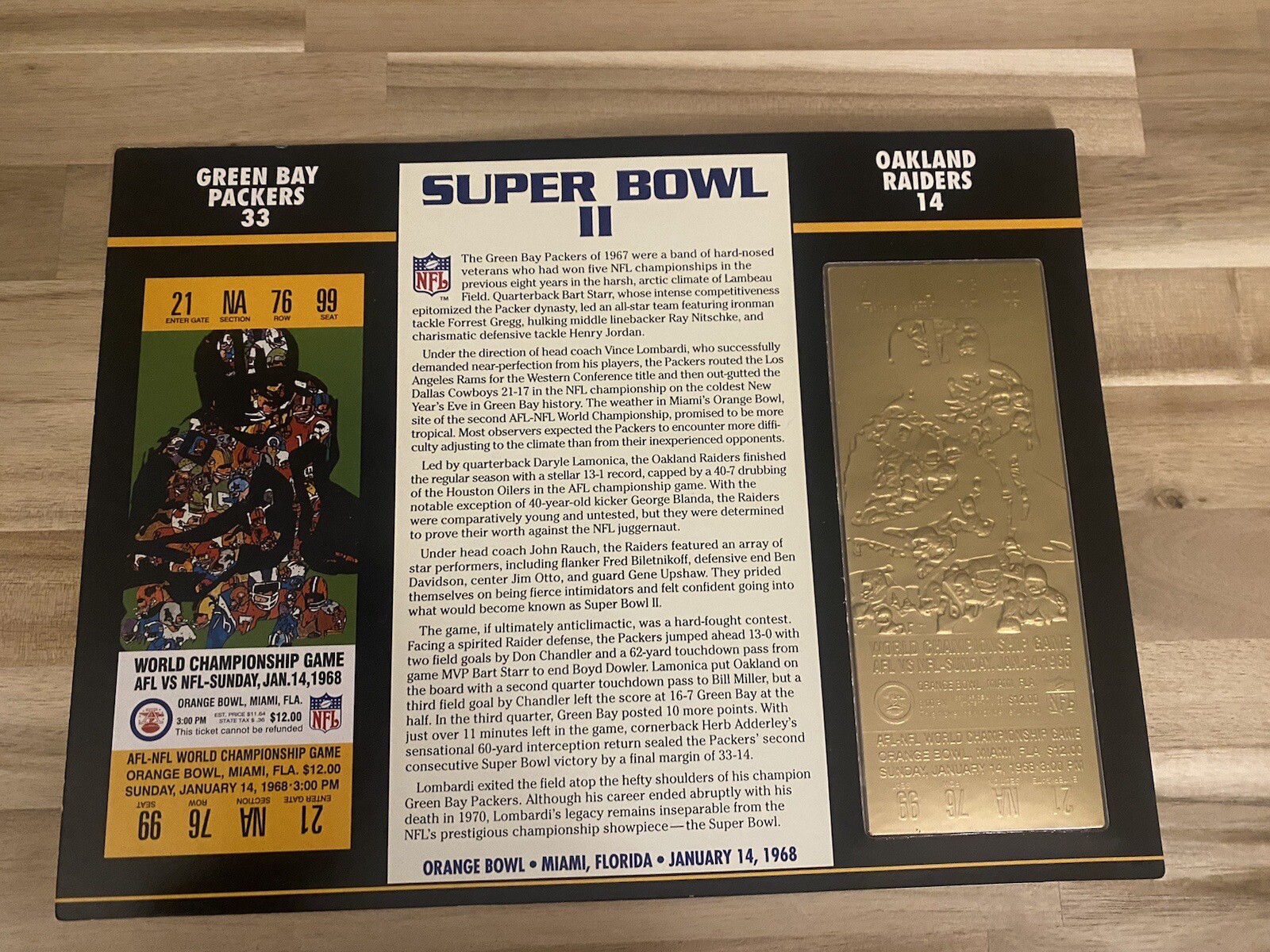 NFL SUPER BOWL II 22KT GOLD TICKET WILLABEE WARD GB PACKERS 33 OAK ...