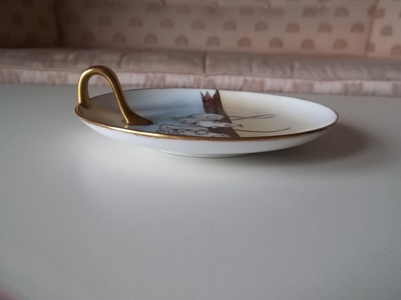 Vtg Austria?BLUE/YELLOW/BROWN/WHITE MICE Candy/Nut DISH Gold Handle 5. ...