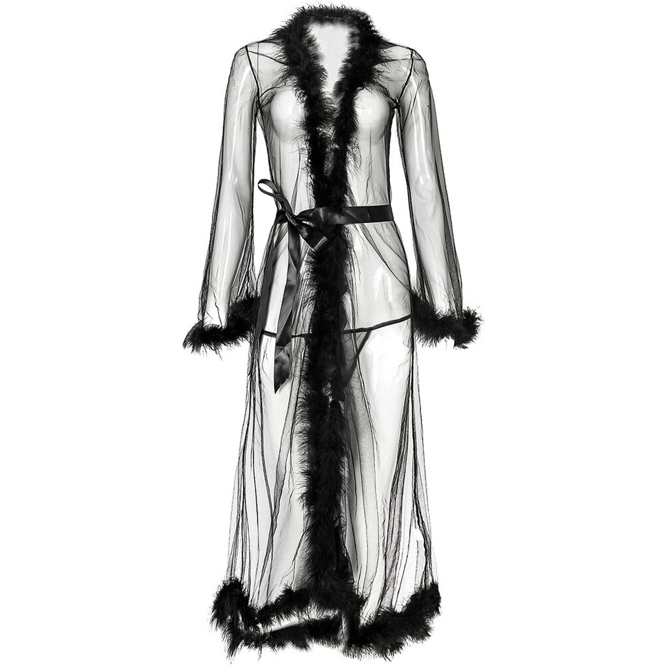 Feather Nightgown Transparent Robe Tulle Lady Sexy Lingerie Nightgown ...