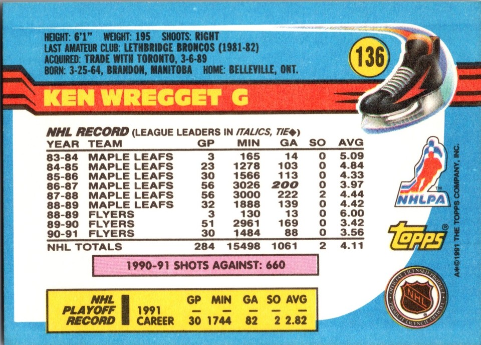 1991-92 Topps - #136 Ken Wregget | eBay