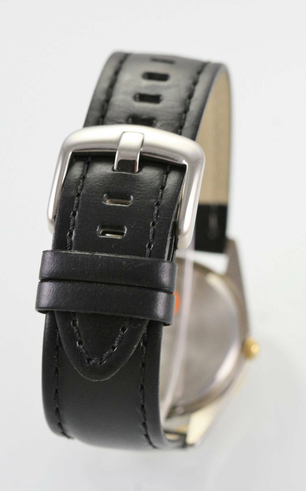 Times Square Watch Mens Black Leather Stainless Silver Gold Battery ...