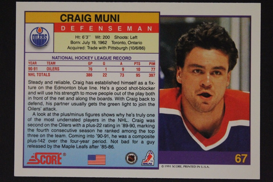 Craig Muni Edmonton Oilers Autographed 1991 Score #767P Hockey Card JSA ...