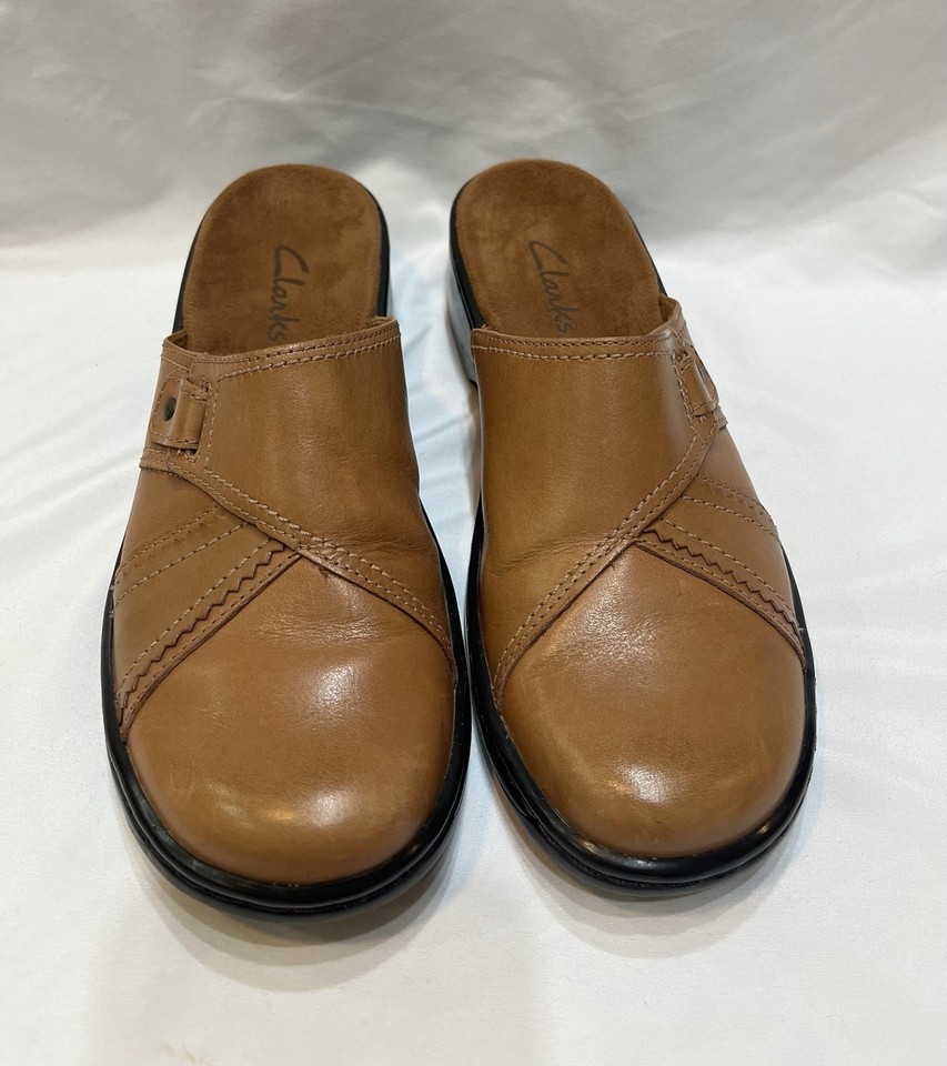 CLARKS 79861 Brown Stitched Block SLIP-ON LEATHER Comfort Clogs women ...