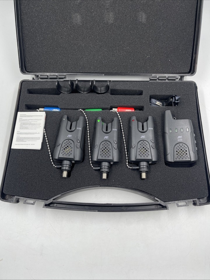 JRC CR 3x Bite Alarms With Receiver Droppers + Rod Cups + Hard Case ...