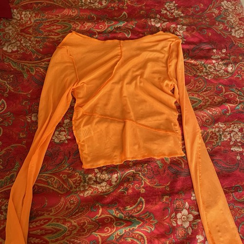 S Long Sleeve Round Neck Mesh Sheer Crop Cropped Top Orange Rave ...