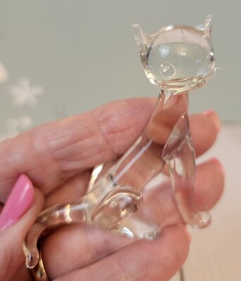 Hand blown posing clear glass cat figurine paperweight, unmarked ...