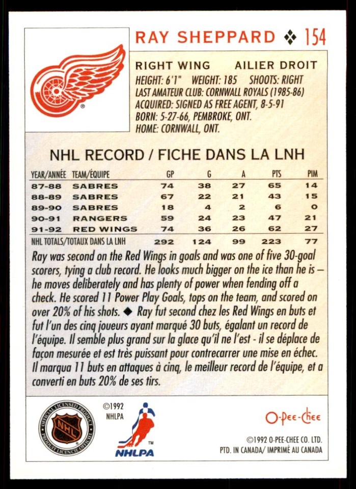 1992-93 O-Pee-Chee Ray Sheppard . Detroit Red Wings #154 | eBay