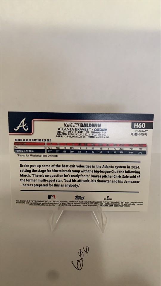 Drake Baldwin [Holiday Lights] [RC] #H60 2025 Topps Holiday and Base ...