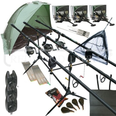 Full Carp fishing Set Up 10FT 3PC Rods Reels Alarms Net Bait Bivvy ...