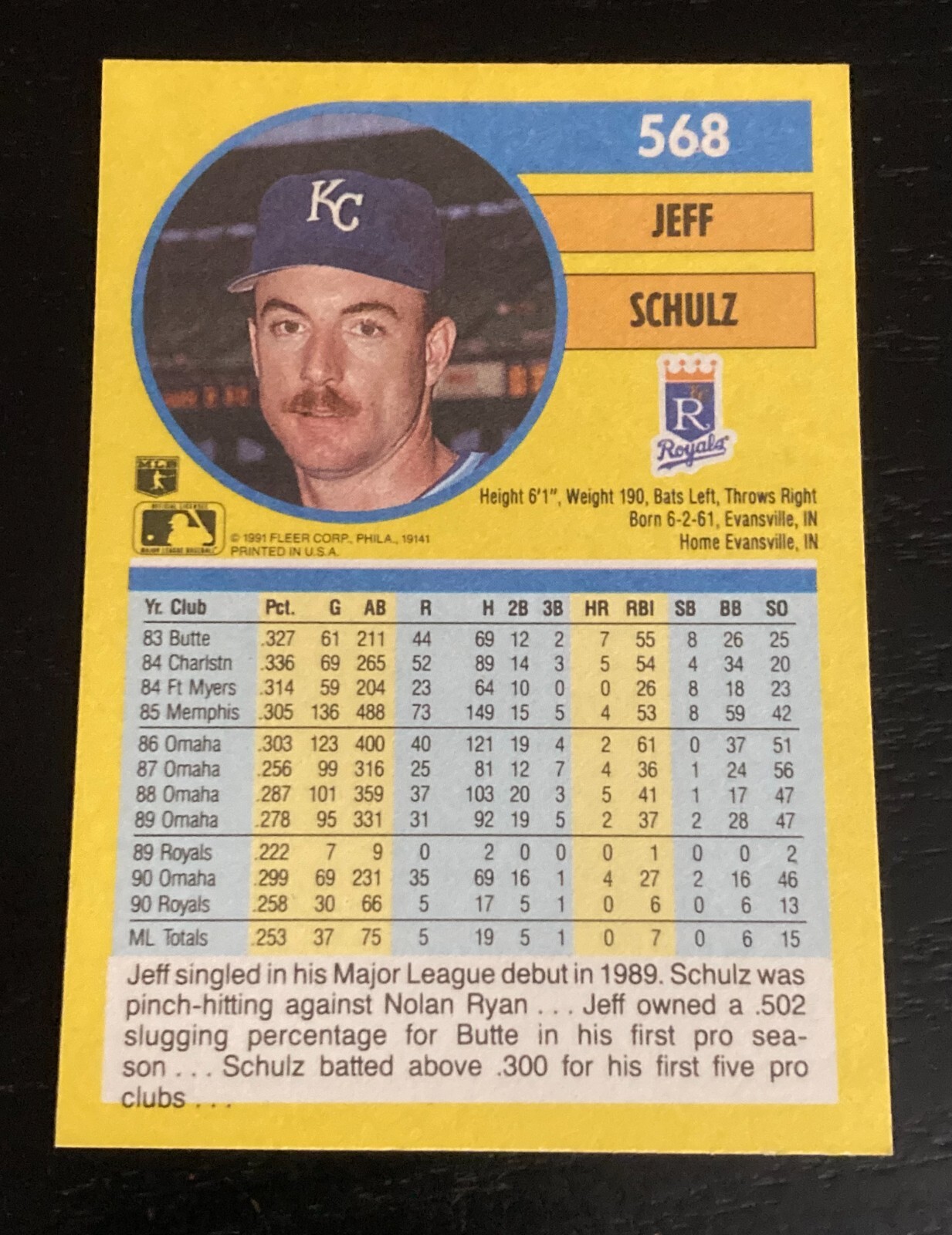 1991 Fleer JEFF SCHULZ RC #568 vintage baseball card - KC Royals rookie ...