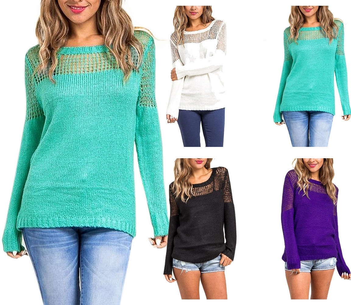 Long Sleeve Round Neck Mesh Knit Sweater Top S/M ~ M/L | eBay
