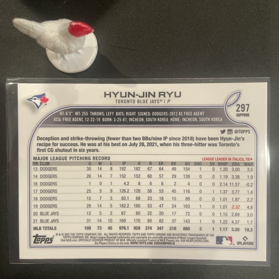 2022 Topps Chrome Sapphire Baseball Hyun-Jin Ryu #297 Blue Jays | eBay