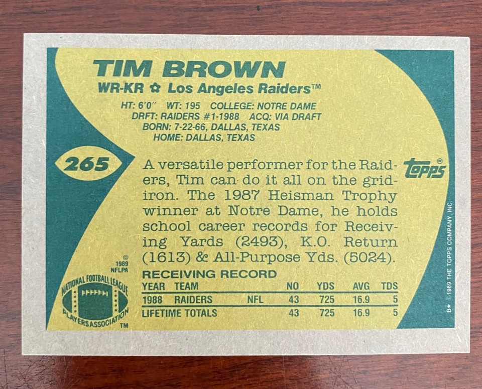 1989 Topps Set-Break #265 TIM BROWN RC ROOKIE Football Card HOF Raiders ...