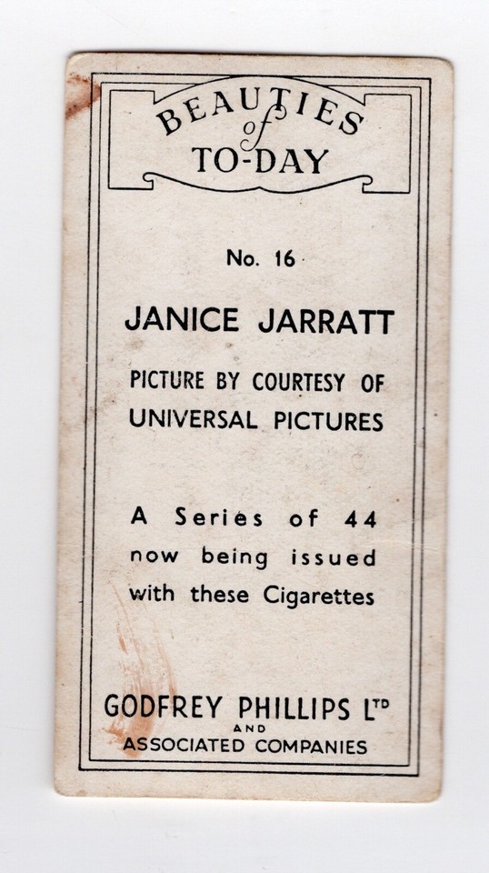 Godfrey Phillips Beauties card 1937 #16 Janice Jarrett Universal ...
