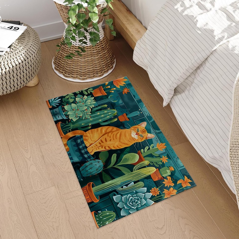 Cat and Succulent Indoor Door Mat, 17x29.5 Inch, Floor Area Rug for ...