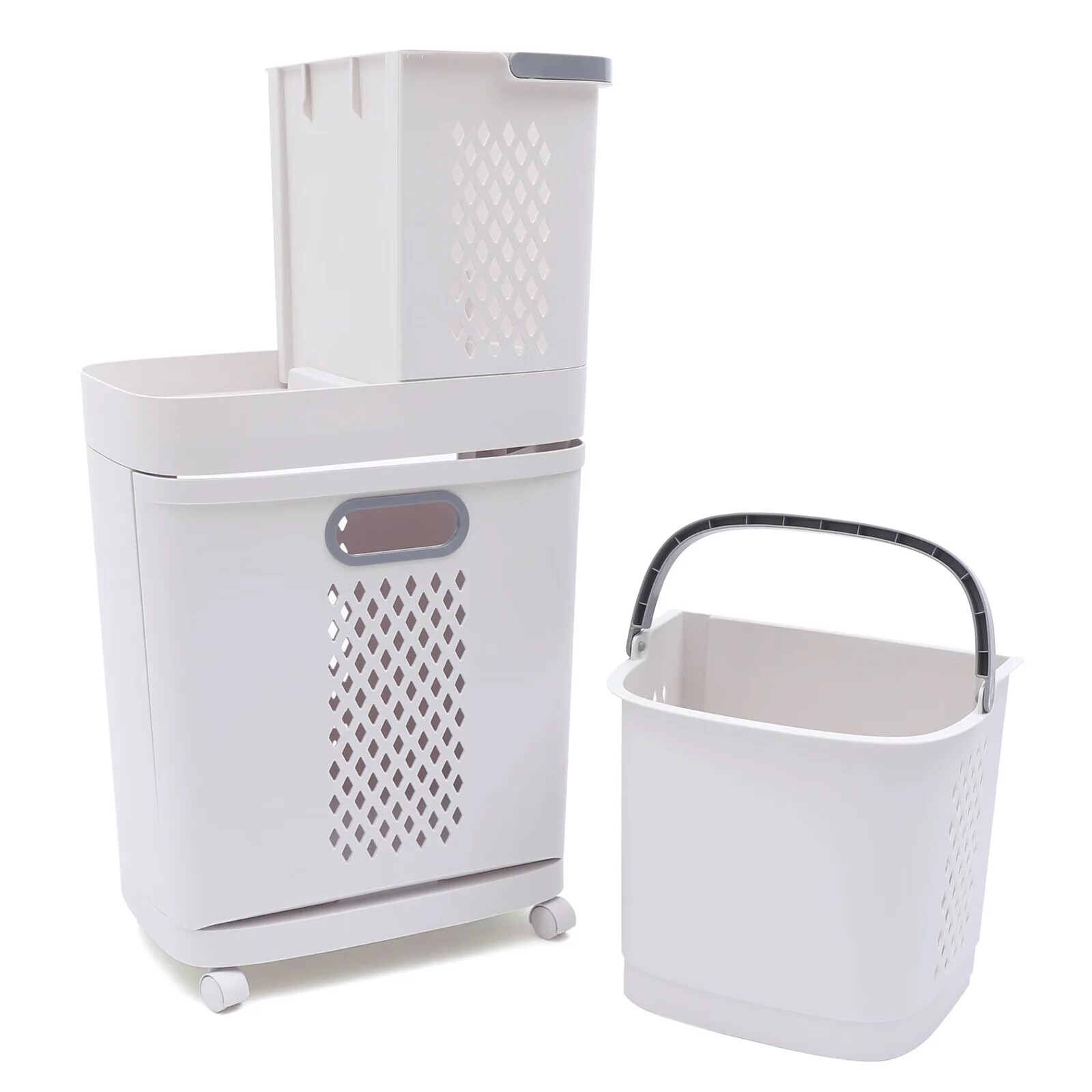 Removable Household Laundry Basket with Wheel, 2 Tier Rolling Laundry ...