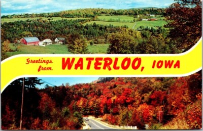 WATERLOO IOWA GREETINGS Fall Colors Farms Vintage Chrome Postcard A47 ...