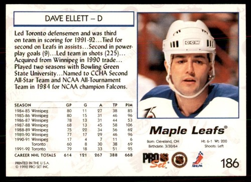 Dave Ellett 1992-93 Pro Set #186 Toronto Maple Leafs | eBay