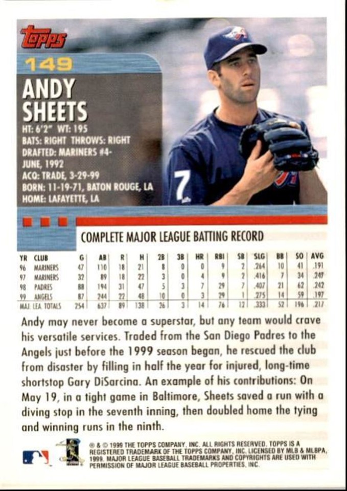 2000 Topps Baseball Card Andy Sheets Anaheim Angels #149 | eBay