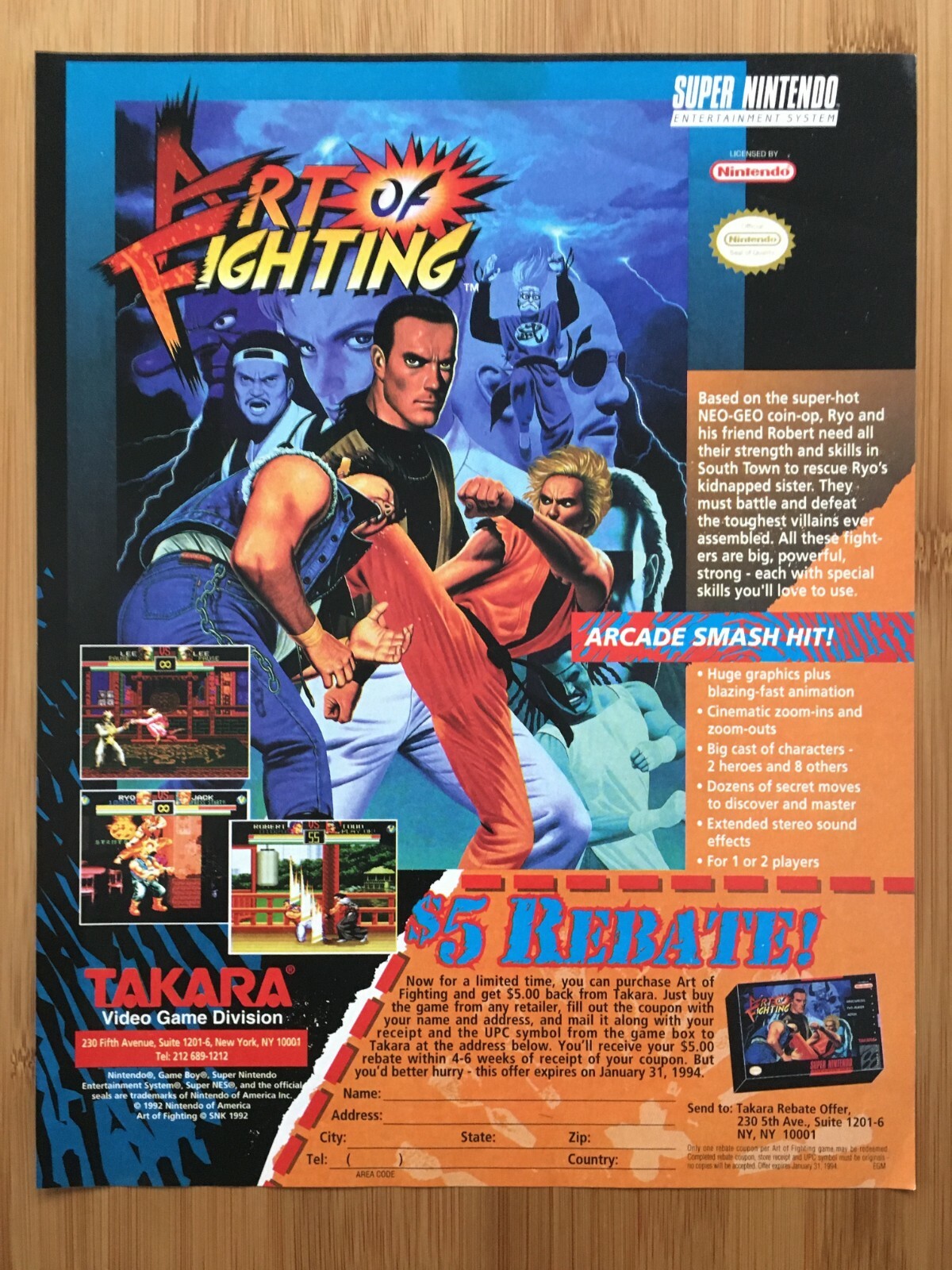 Art of Fighting SNES Super Nintendo 1993 Vintage Video Game Print Ad ...