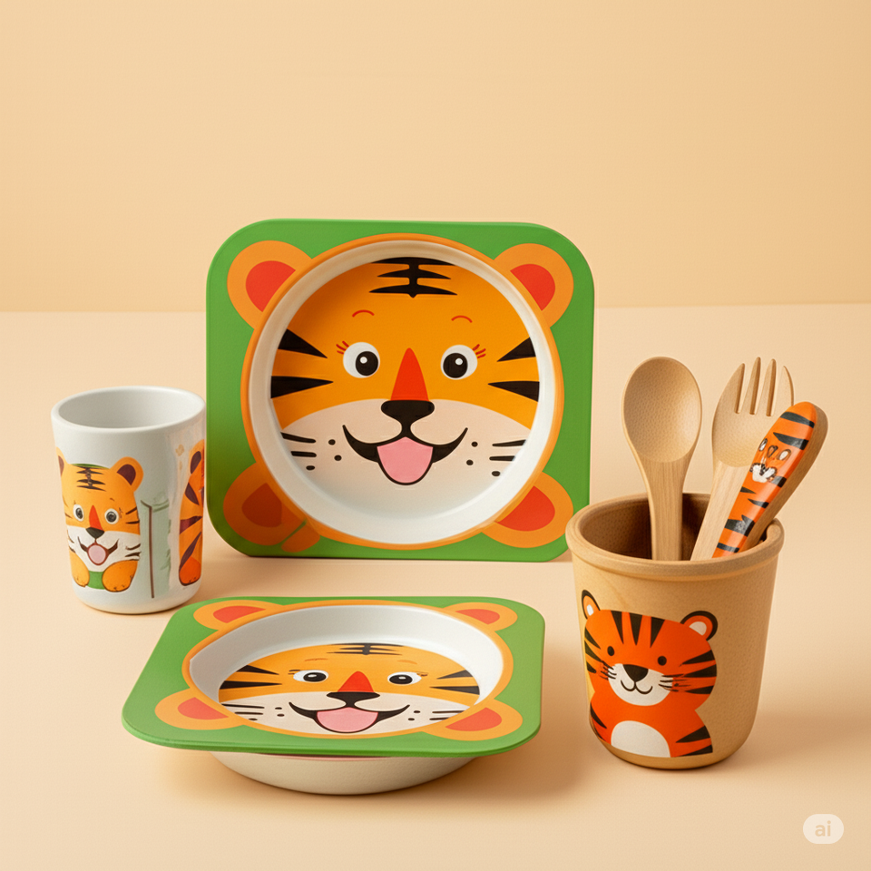 5pc Bamboo Kids Dinnerware Set Tiger Plate Cup Fork Spoon Eco-Friendly ...