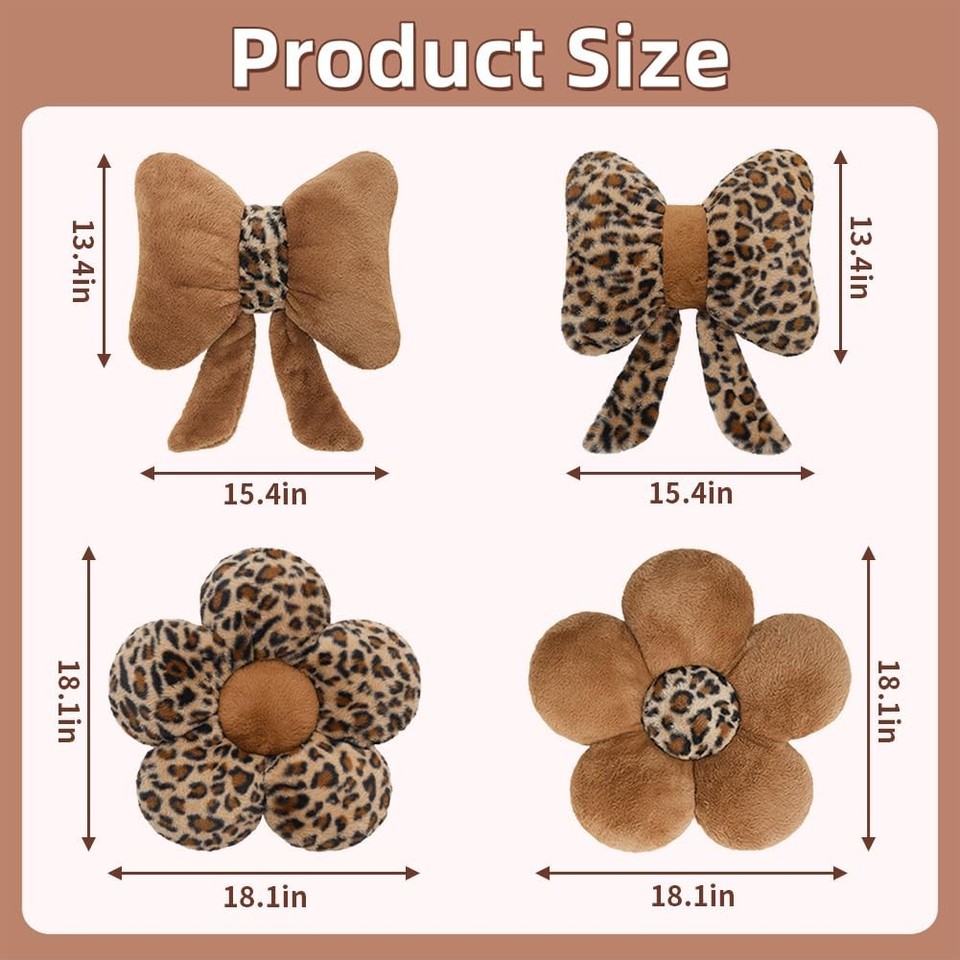 2Pcs Leopard Print Bow Throw Pillow Furry Bow Plush Pillows Cute Flower ...