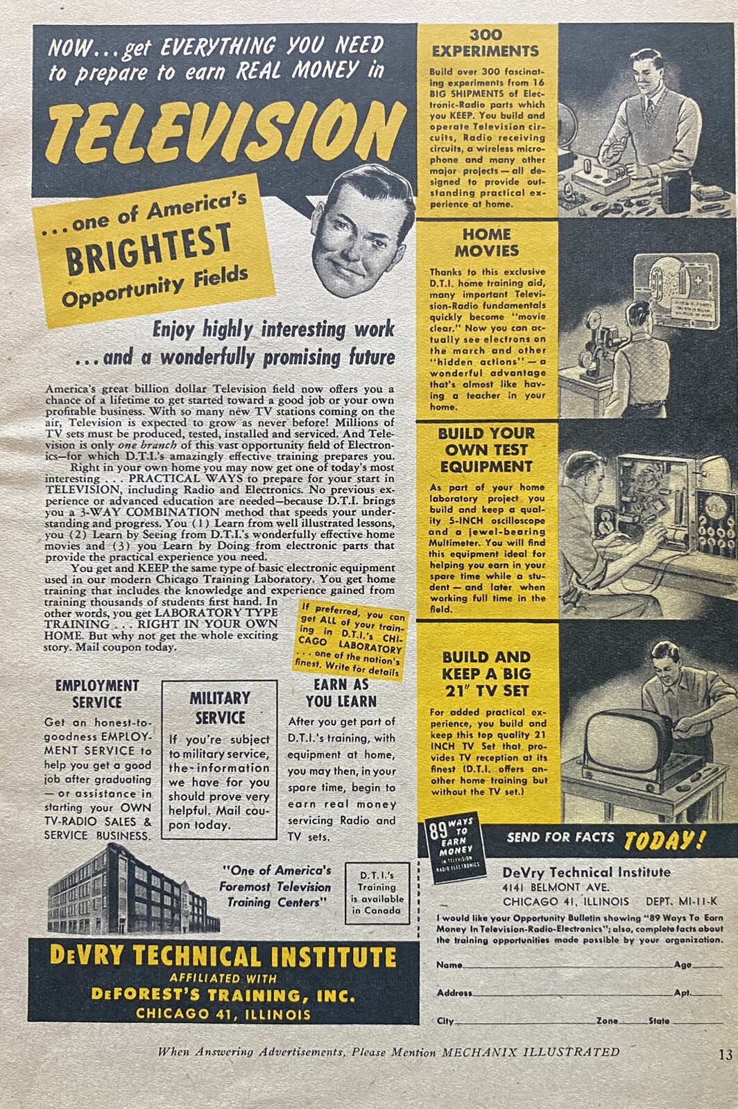 DeVry Technical Institute TV Training Vintage 1954 Magazine Print Ad ...