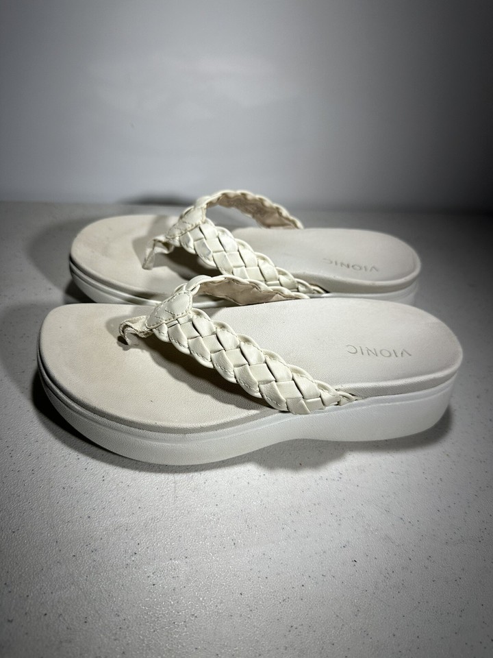 Vionic Sunrise Kenji Cream Braided Toe Post Platform Thong Flip Flop ...