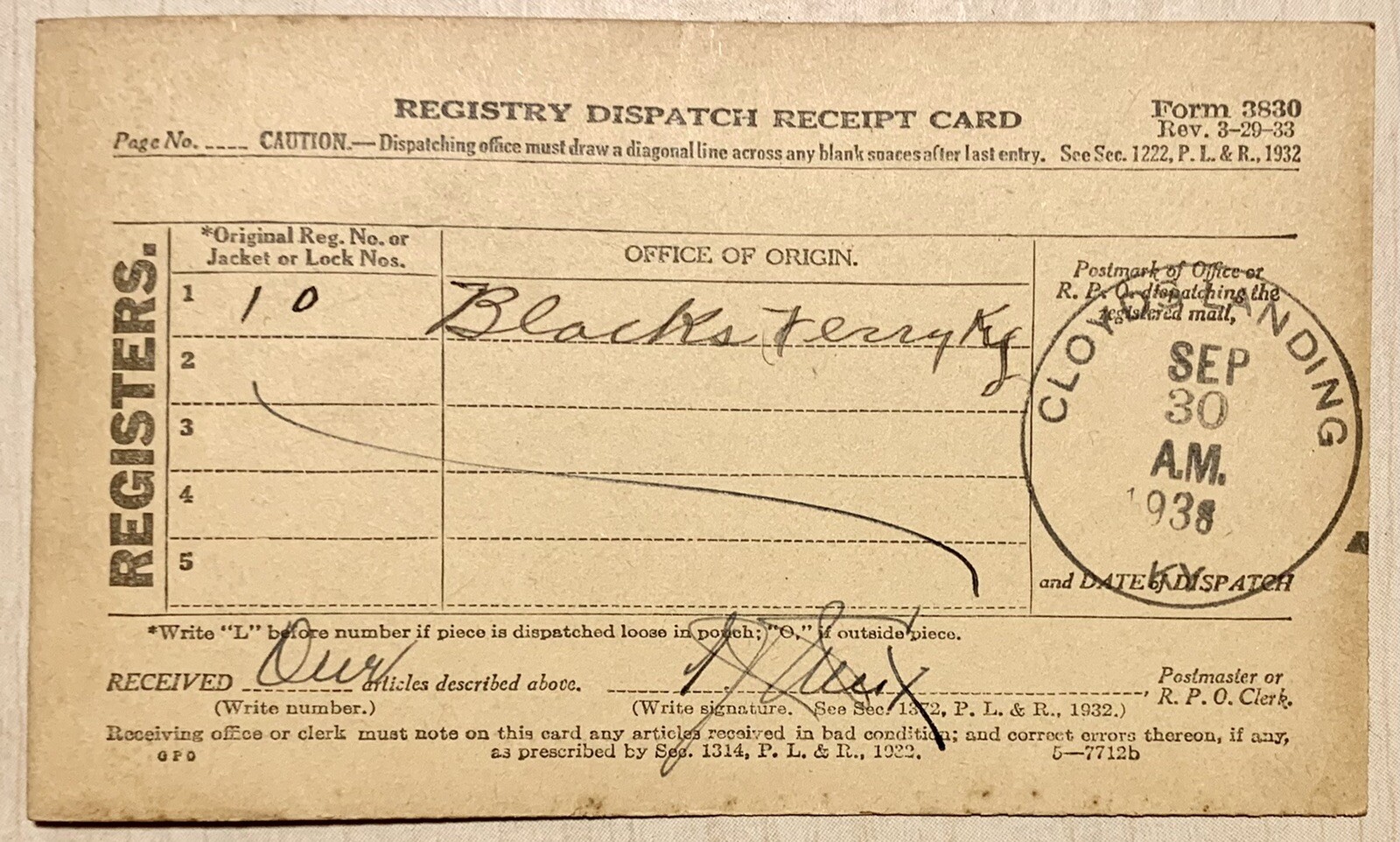 1930’s US POST OFFICE DISPATCH POSTAL CARD RECEIPT CLOYDS LANDING ...