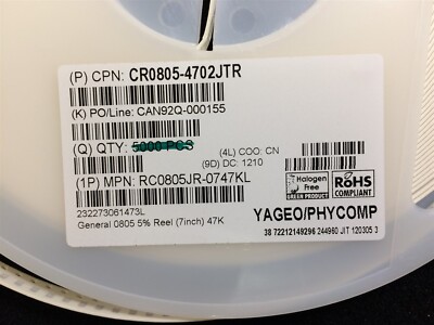 RC0805JR-0747KL YAGEO RES 47K OHM 5% 1/8W 0805 T&R ROHS 4800 PIECES | eBay