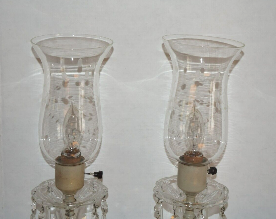 2 Vintage Crystal Glass Etch Hurricane Shade Electric Table Lamps ...