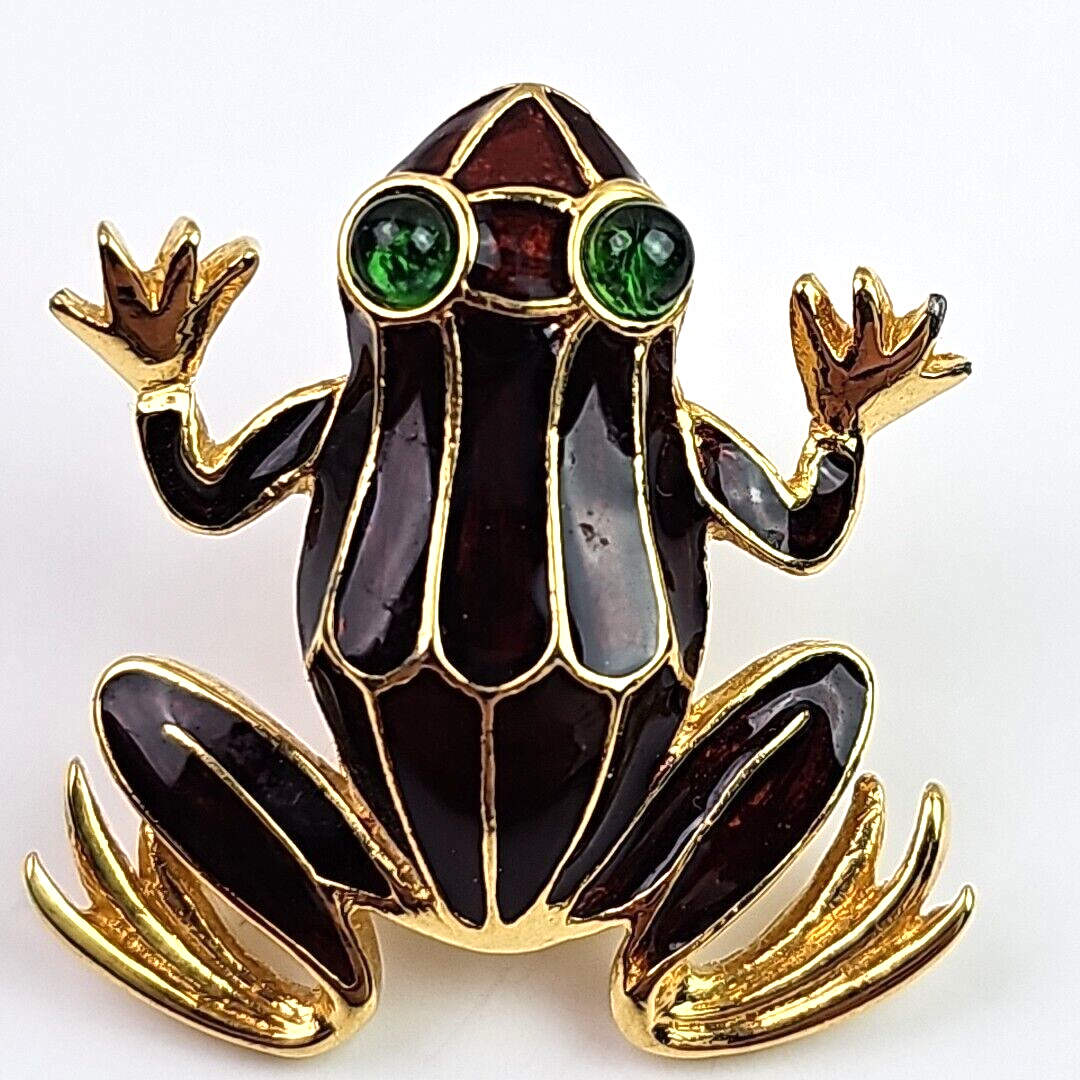 Vintage Trifari Brown Enamel Frog Toad Green Eyes Pin Signed 1.25 inch ...