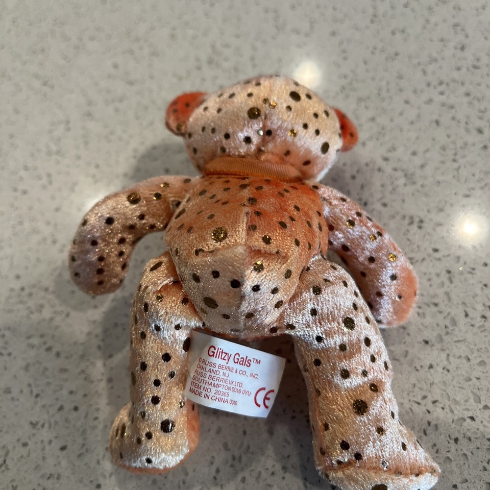 Russ Berrie Glitzy Gals 5” Peach Miniature Teddy Bear With Gold Spots ...