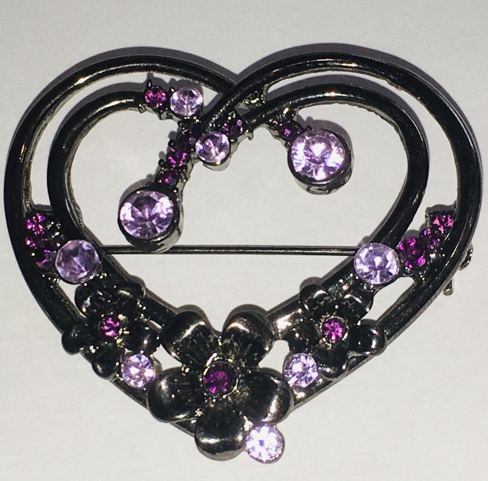 VINTAGE DOUBLE HEART PIN CRYSTAL FACETED DEEP PURPLE STONE FLOWERS ...