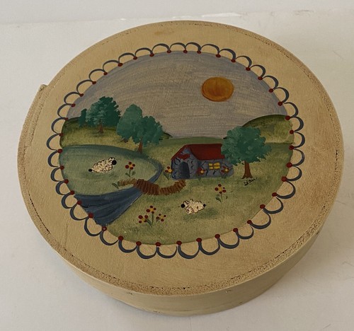 Vintage ~Wooden Round Cheese Box Style ~ Handmade Art Primitive Folk ...