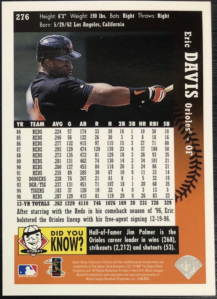 1997 Collector's Choice Baseball #276 Eric Davis Baltimore Orioles Card ...