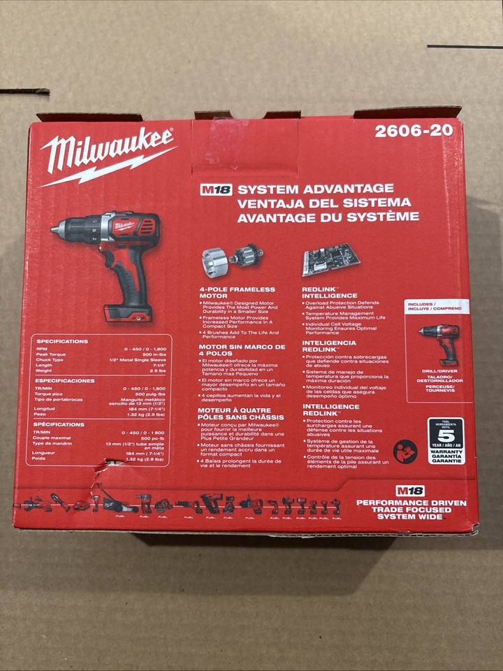 New Milwaukee 2606-20 M18 18V Cordless Compact 1/2" Drill Driver Bare ...
