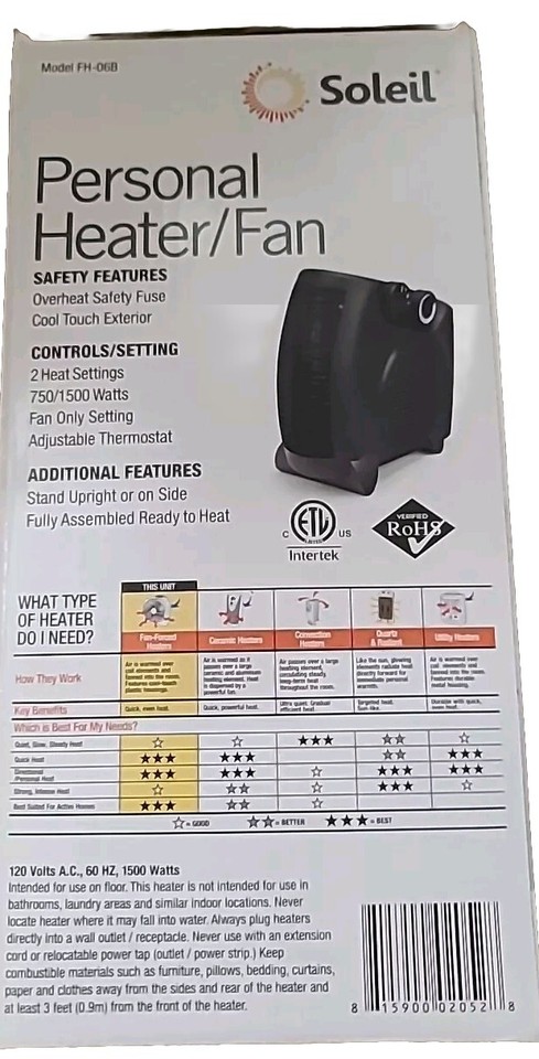 Soleil Personal Heater FH-06B , Black Desk Office | eBay