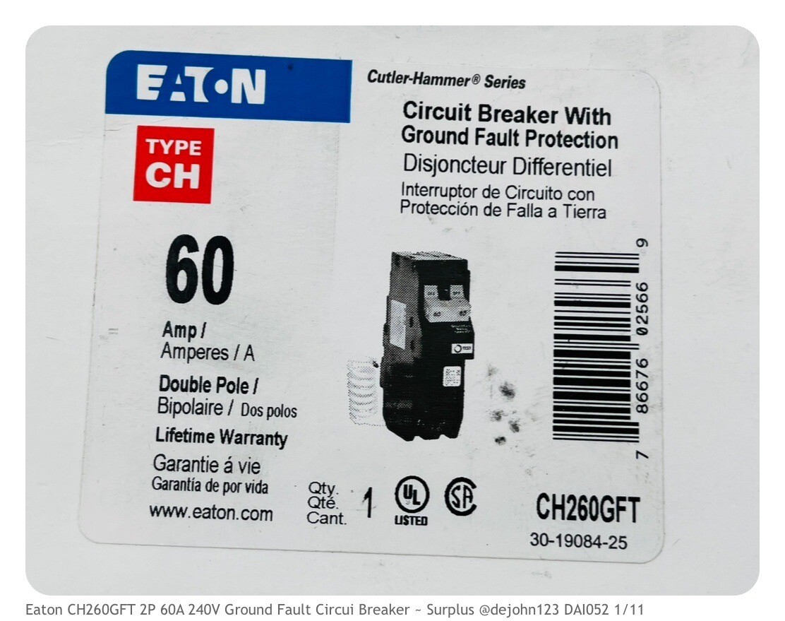 Eaton~ CH260GFT GFCI Circuit Breaker 60A 2P 240V ~ Unused Surplus ...