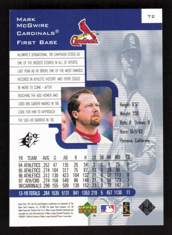 1999 SPx #72 Mark McGwire St. Louis Cardinals | eBay