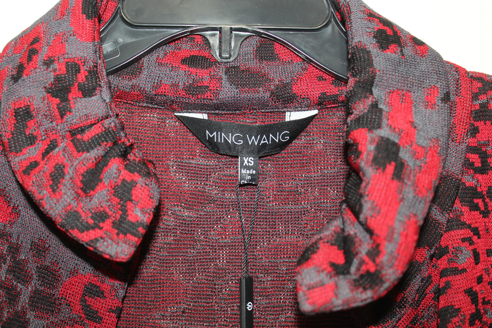 MING WANG LIGHT KNIT JACKET SOFT COLLAR ABSTRACT SPOTTED BLACK GRAY RED ...