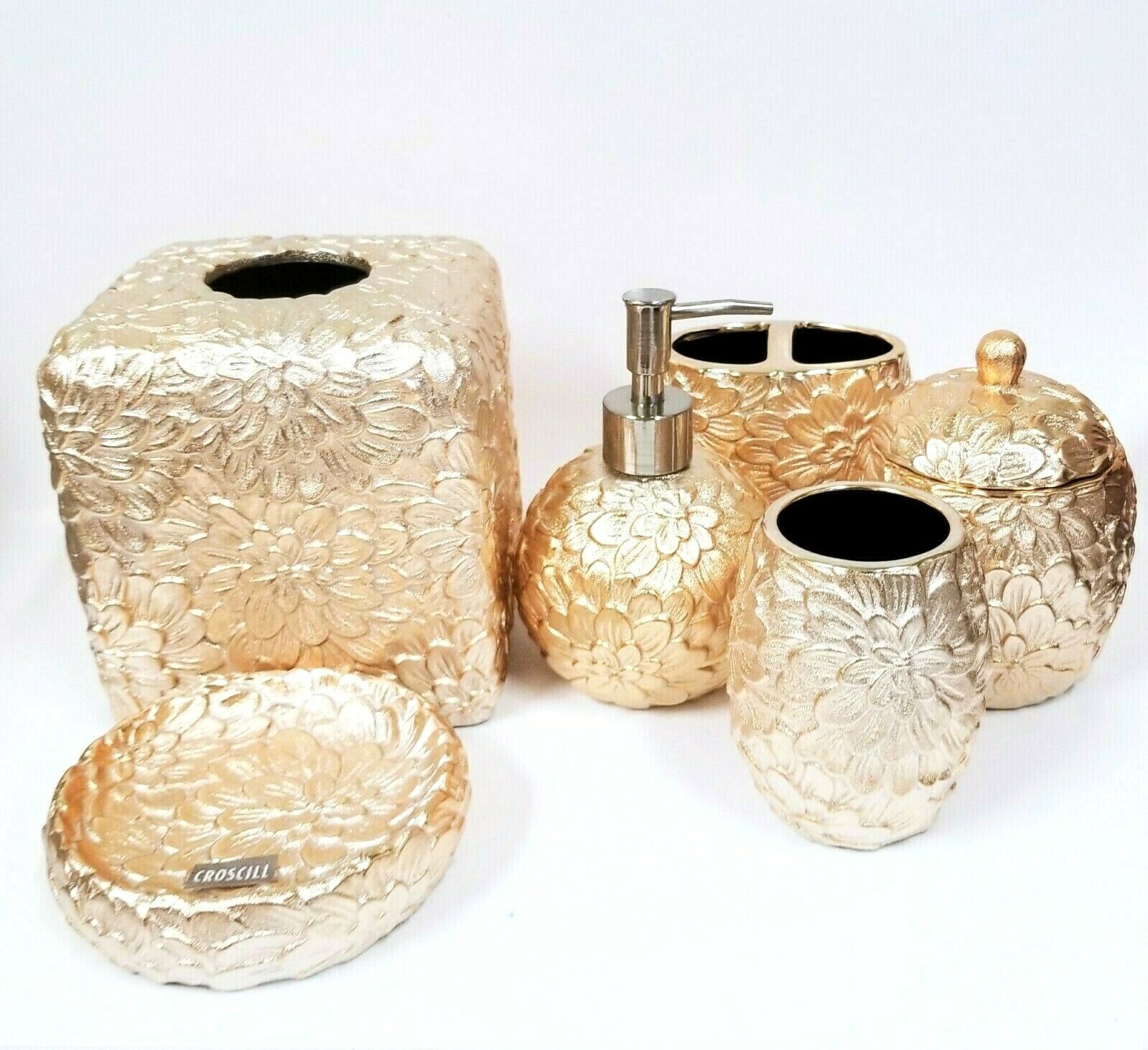 6 PC CROSCILL METALLIC ROSE GOLD 3D FLORAL SPHERE SOAP DISPENSER,DISH ...