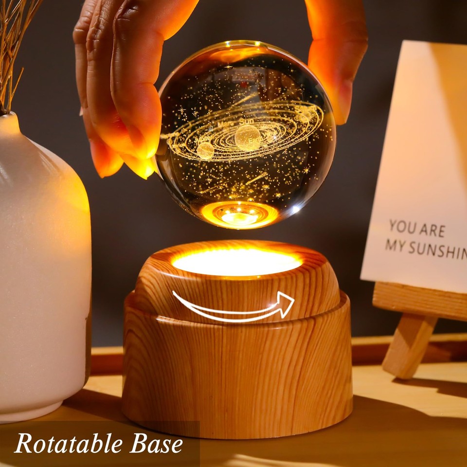 3D Solar System 2.36“ Crystal Ball with Rotated Wood Bases, Space Decor ...