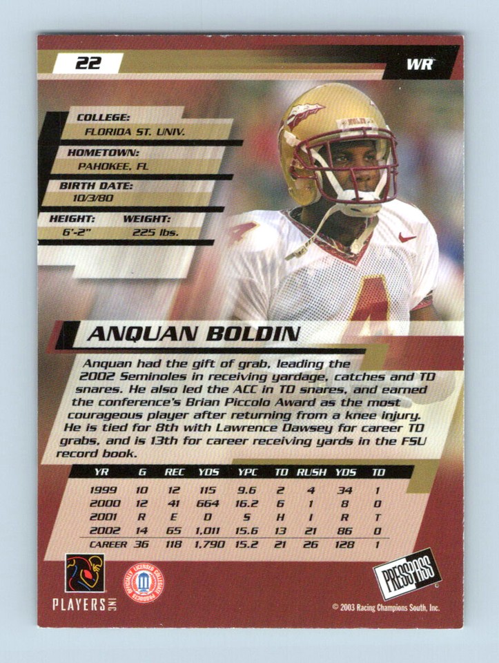 2003 Press Pass #22 Anquan Boldin Florida State Seminoles | eBay